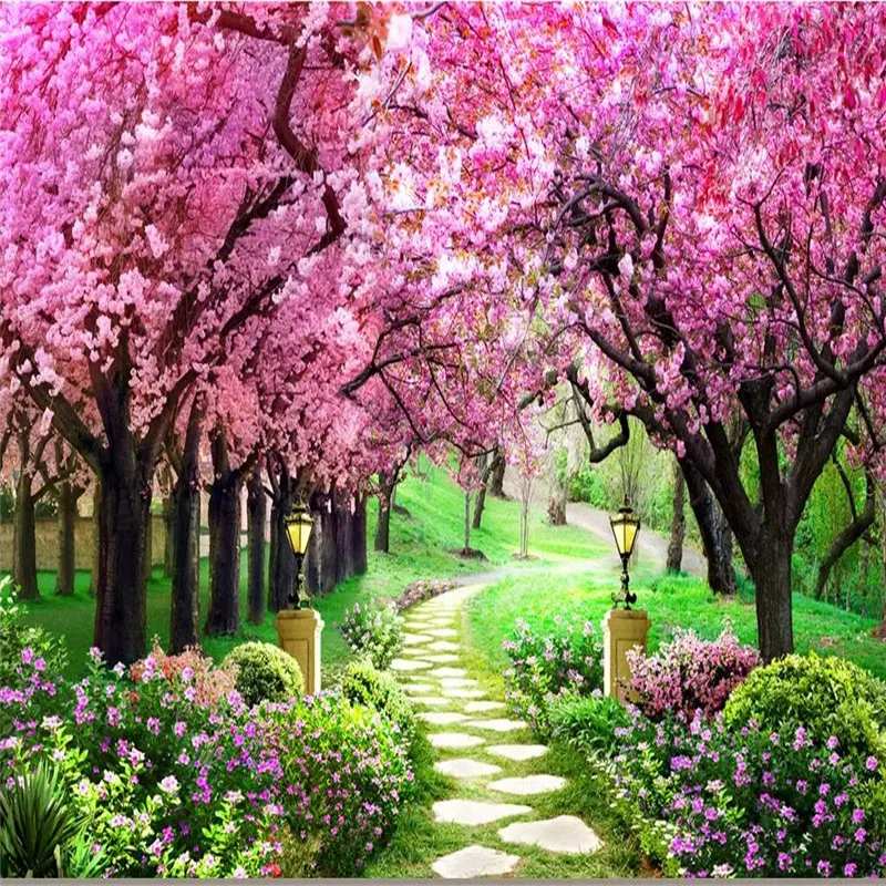 Free download Sakura forest garden path landscape painting wall ...
