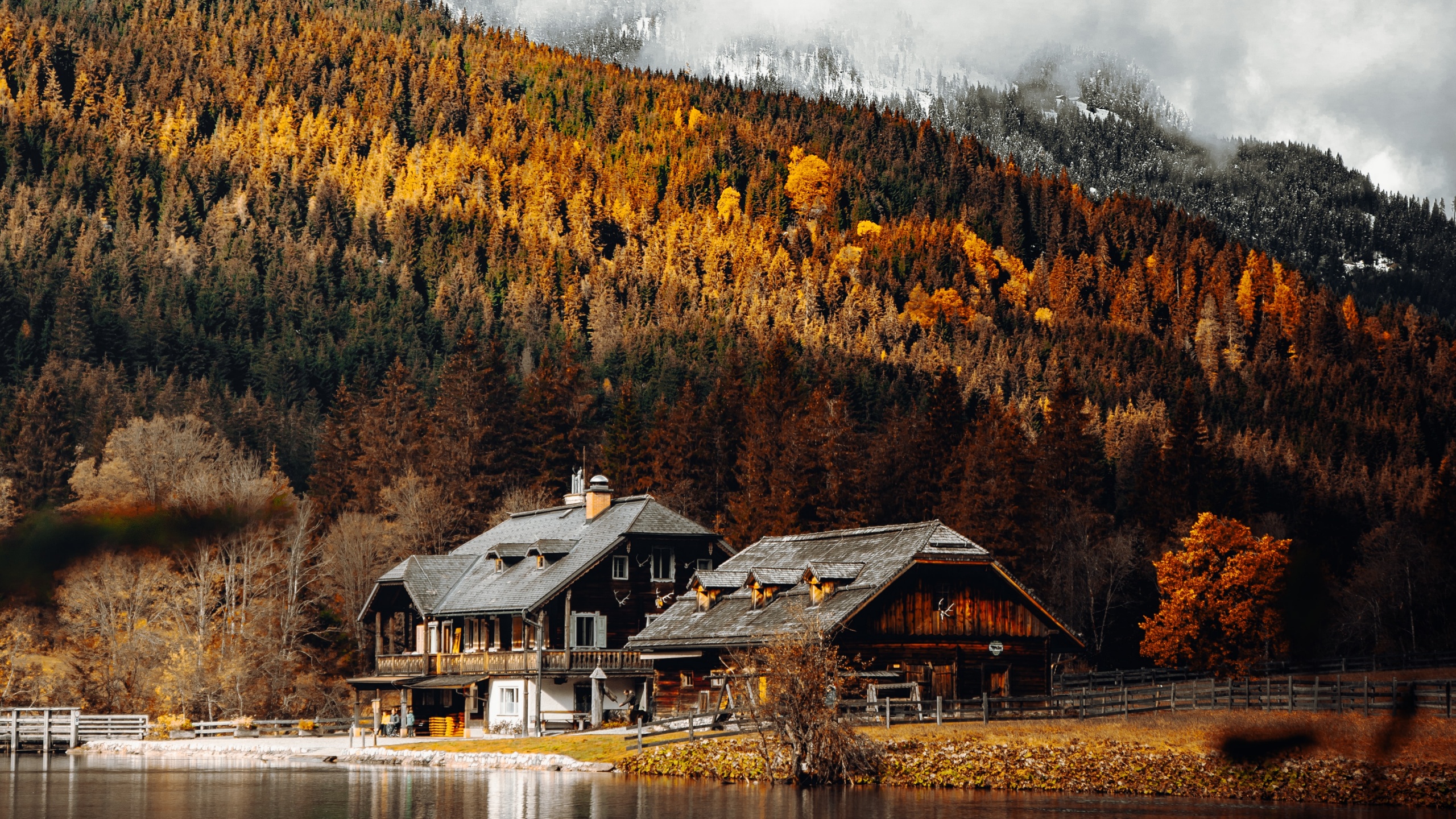 🔥 Free Download Wooden House Wallpaper 4k Lakeside Autumn Trees by ...