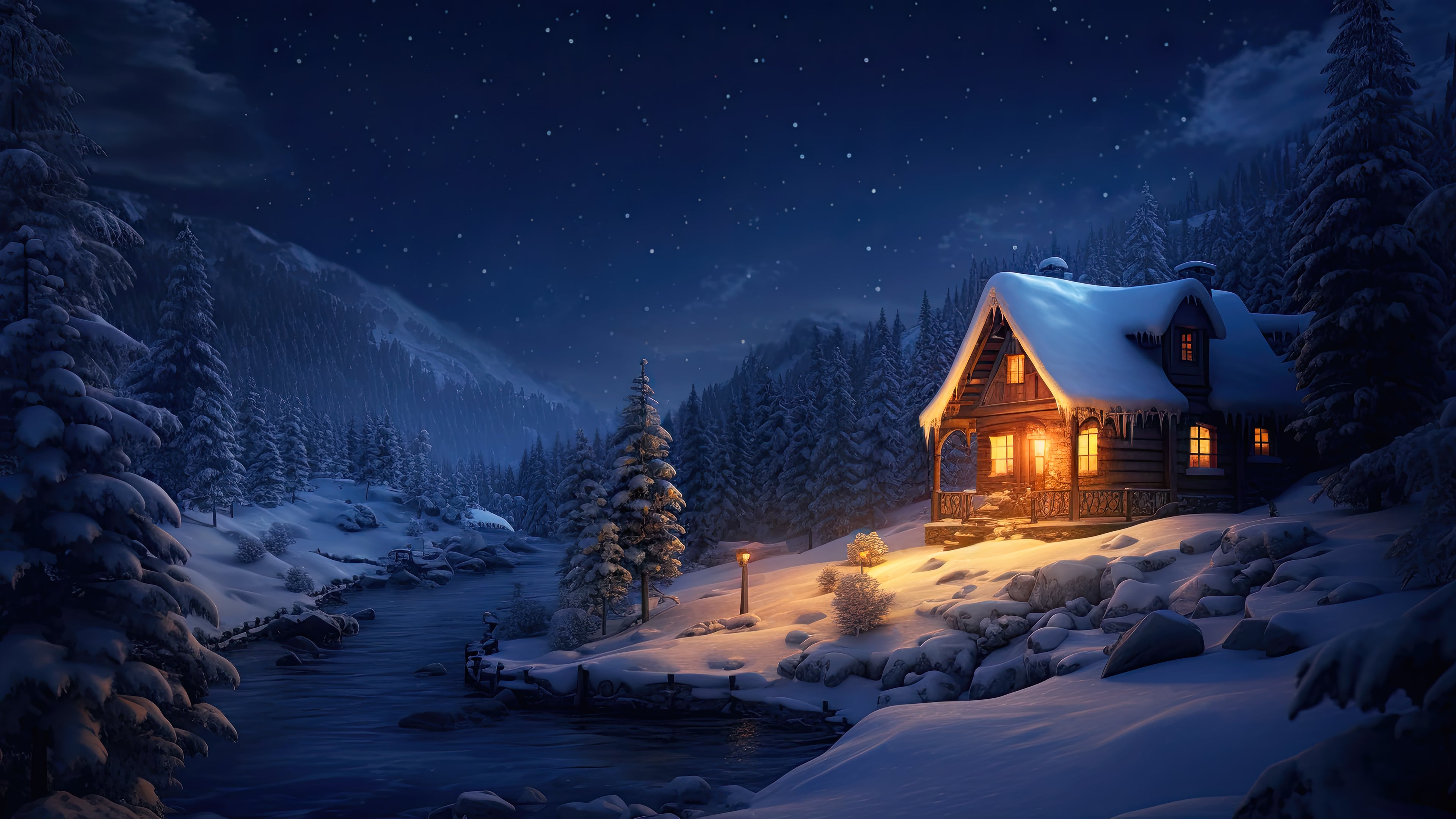 🔥 Free Download Winter Cabin Snow Forest Night 4k Wallpaper ...