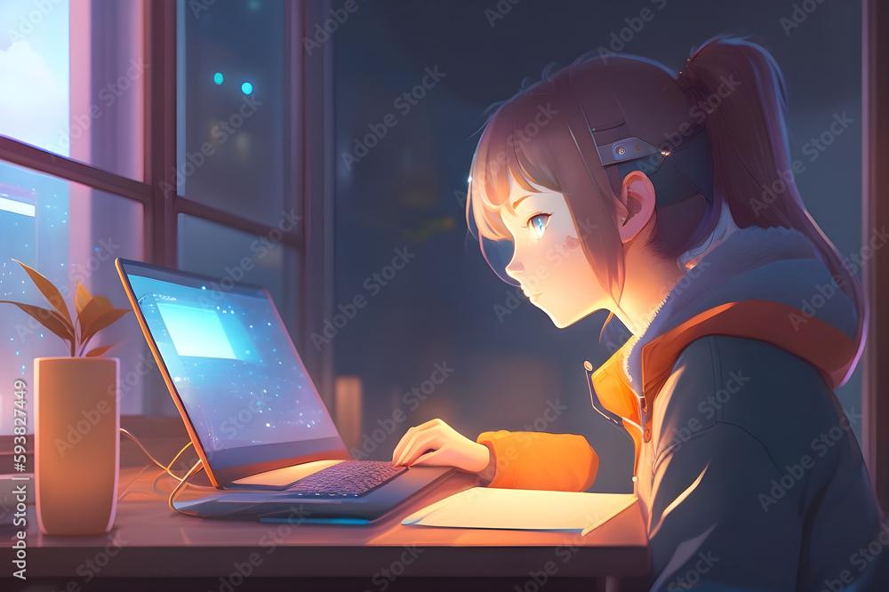 Free download lofi Anime Girl is programming at a computer cozy ...